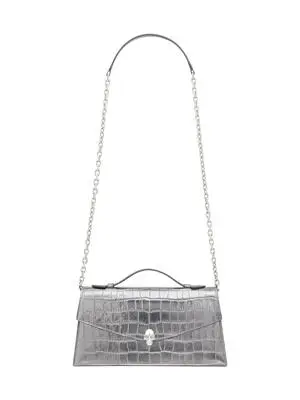 Alexander McQueen Croc-embossed Metallic Leather Skull Shoulder Bag - Silver