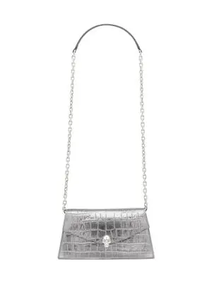 Alexander McQueen Mini Croc-embossed Metallic Leather Skull Shoulder Bag - Silver