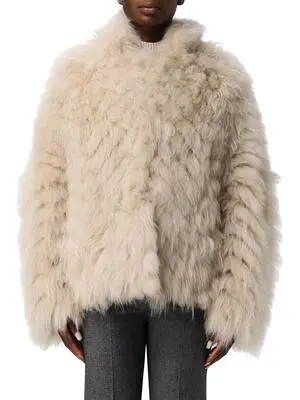 Simonette Ravizza Falk V-neck Short Jacket In Goat Fur Biscuit