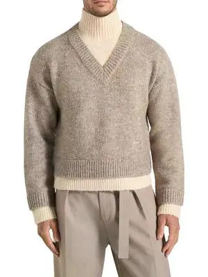 Manière De Voir Jacques In Taupe Double-layer Wool-blend V-neck Knit Jumper Brown