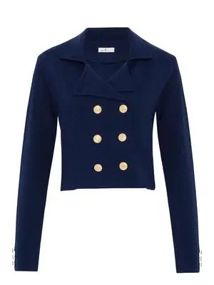PERALUNA Kathy Crop Blazer Knit Jacket In Navy Blue