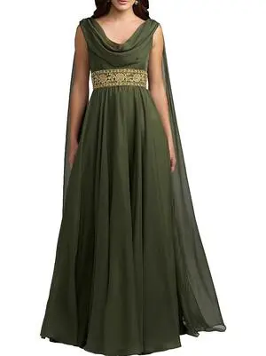 Mac Duggal Cowl A-line Gown With Beaded Belt - Olive