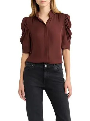 FRAME The Gillian Ruched Sleeve Silk Top Currant