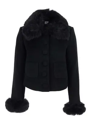 SELF-PORTRAIT Self-Portrait Women Black Jacket With Eco-Fur Details And Front Pockets In Wool Blend Women Multicolor