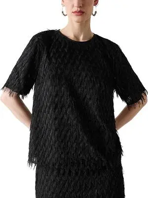 WHISTLES Tufted Fringe Short Sleeve Top