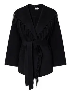 Simkhai Rowen Belted Fringed Wool-blend Jacket Black