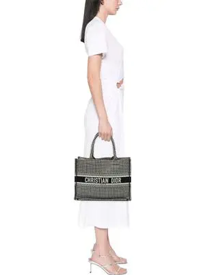Dior 2019 Medium Embroidered Canvas Houndstooth Book Tote Bag Black
