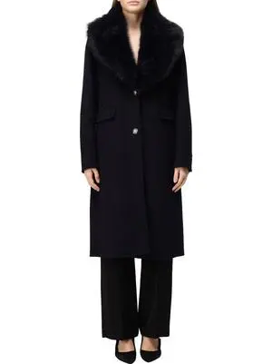 HANITA Single-breasted Long Wool Blend Coat With Fur Collar Navy