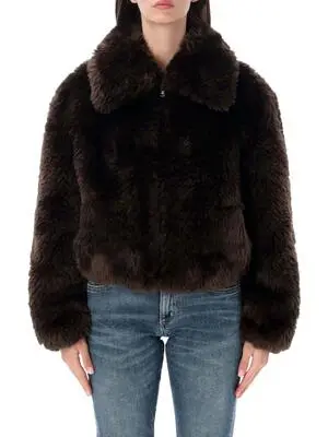 STAND STUDIO Short Faux-fur Jacket With Zip Closure Brown