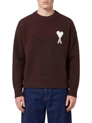 AMI Paris Crewneck Jumper In Alpaca And Wool Blend With Jacquard Logo Brown