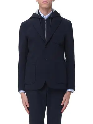 MANUEL RITZ Single-breasted Hooded Blazer In Stretch Cotton Blend Blue