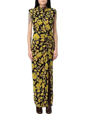 DIANE VON FURSTENBERG Floral Print Long Sheath Dress With Ruched Waist And Front Slit