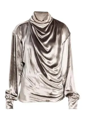Prabal Gurung Draped Wrap-neck Velvet Long-sleeve Blouse - Silver