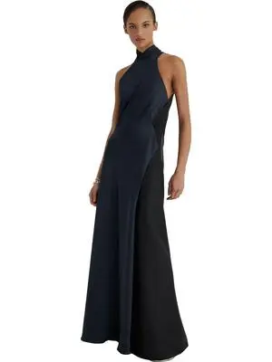 ATELIER Satin High-neck Open-back Maxi Dress Navy/black