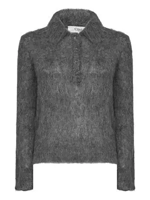 Chloé Smoky Grey Alpaca Blend Brushed Knit Polo Shirt - Charcoal