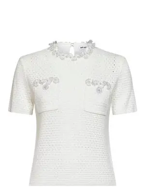SELF-PORTRAIT Self Portrait Women Cream Openwork Knit Top With Bead Embroidery