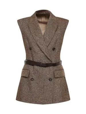 Brunello Cucinelli Brunello Cucinelli Women Brown Belted Wool Double-Breasted Waistcoat Multicolor