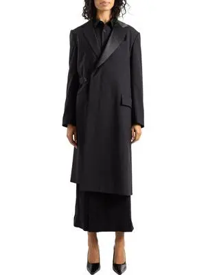 SACAI Asymmetrical Double-breasted Long Blazer With Peak Lapels