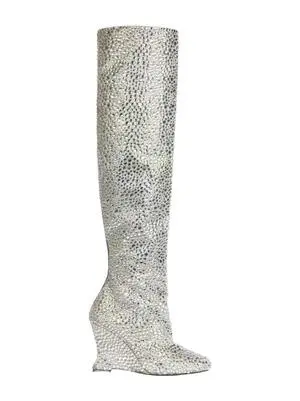 Balmain Wedge Thigh-high Satin Boots With Crystals - Silver