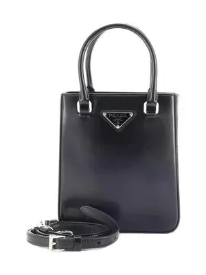 Prada Convertible Tote Brushed Leather Small Crossbody Bag Black