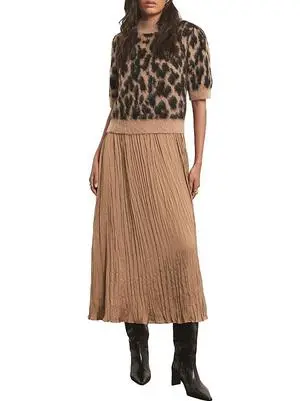 Mint Velvet Short Sleeve Fuzzy Texture Layered Midi Dress - Brown