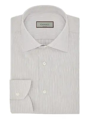 Canali White And Small Gray Stripes Cotton Regular-fit Dress Shirt Grey
