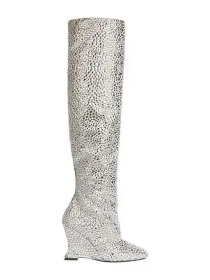 Balmain Wedge Thigh-high Satin Boots With Crystals - Silver