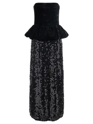 ROTATE BY BIRGER CHRISTENSEN Sequins Maxi Peplum Strapless Dress - Black
