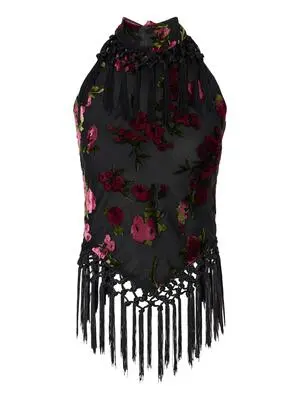 ANNA SUI Halter Floral-flock Fringe-trimmed Crepe Top