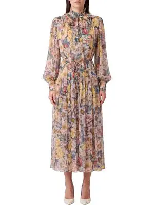 TWINSET Floral Crêpe Midi Dress With Scarf Neck And A Tie-waist Belt