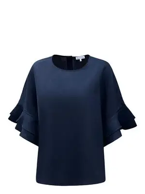 PERLAVERA Lolan Navy Solid Linen Flare Sleeve Top Blue