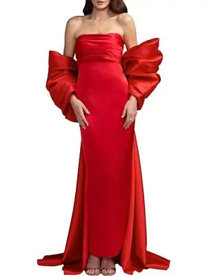 Mac Duggal Satin Strapless Ankle Dress With Oversized Bow - Ruby