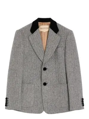 Valentino Garavani Valentino Single-Breasted Wool Jacket In Chevron Pattern Gray
