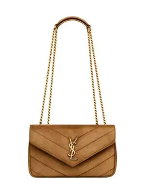 Saint Laurent Loulou Leather Shoulder Bag With Metal Cassandre Logo Beige