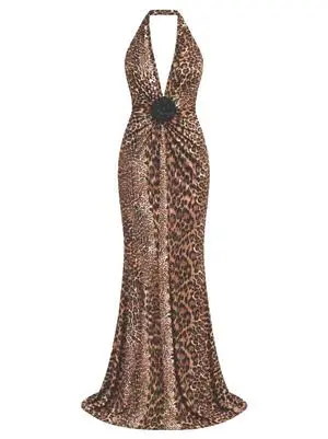 ROSERRY Leopard-print Open-back Maxi Dress Brown