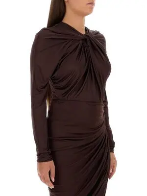 Balmain Long-sleeved Viscose Bodysuit With Draping And Lace Inserts Brown