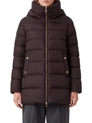 MOORER Quilted Knee-length Puffer Jacket In Recycled Nylon With Hood - Brown