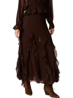 ALMA EN PENA Ruffled Midi Skirt Maroon