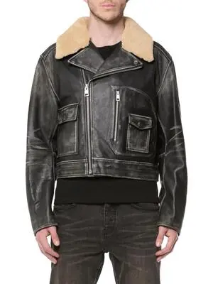 PURPLE BRAND Faux-shearling Collar Leather Moto Jacket