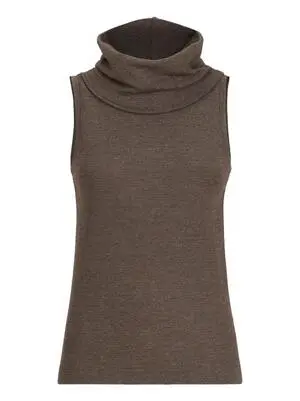 Brunello Cucinelli Sparkling Virgin Wool Jersey Turtleneck Top - Coffee