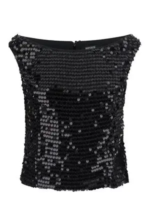 ROTATE BY BIRGER CHRISTENSEN Rotate Sequin Mini Top Sleeveless Off-the-Shoulder With Back Zip Nero
