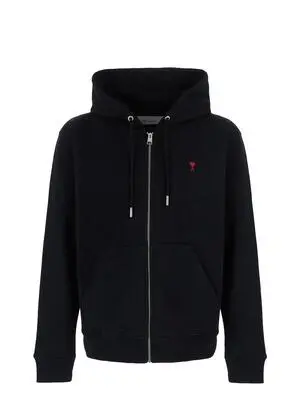 AMI Paris Ami Paris Men Black Zip-Up Sweatshirt With Ami De Coeur Logo In Red, Made Of Cotton, Unisex Multicolor
