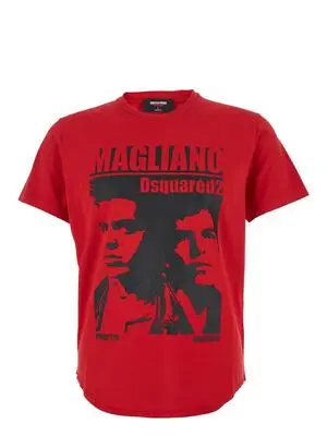 Dsquared2 X Magliano' Red Crewneck T-shirt With Maxi Print On The Front In Cotton - Red