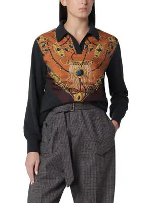 Etro Grey Wool And Cashmere Sweater With Printed Silk Intarsia - Multicolor