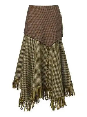 GANNI Fringed Houndstooth Wool-blend Midi Skirt Multicoloured