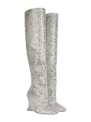 BALMAIN Wedge Thigh-high Satin Boots With Crystals