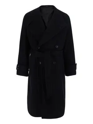 TAGLIATORE Tagliatore Men Black Double-Breasted Coat With Raised Collar With Buttons And Brooch On The Front In Wool For Men