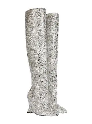 Balmain Wedge Thigh-high Satin Boots With Crystals - Silver