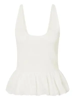 ST. AGNI Balloon Ballet Gathered Chiffon-trimmed Ribbed Tank Neutrals