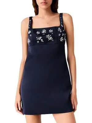 Maje Rhinestone Embroidered Square Neck Mini Dress - Navy